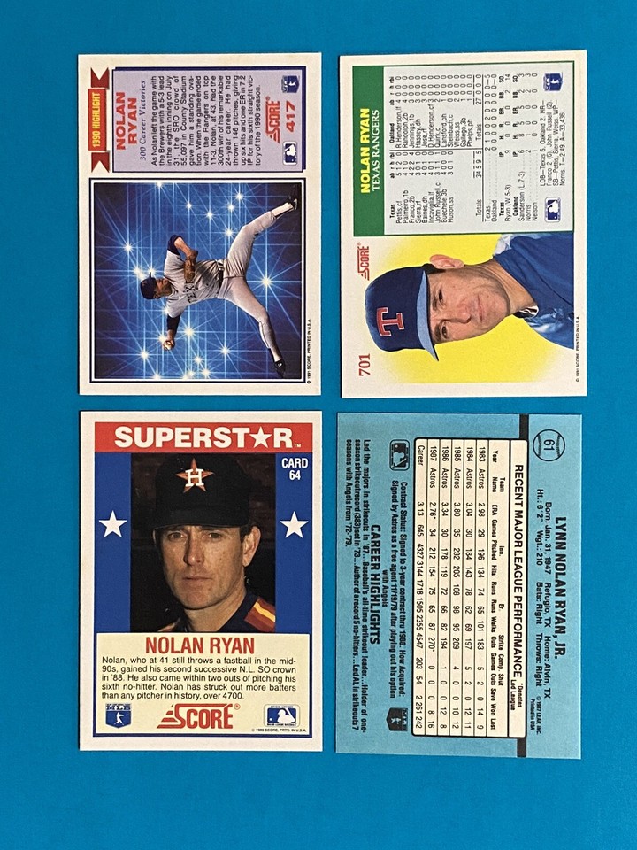 Nolan Ryan Base + Insert Baseball Card Lot 1988 Donruss 1991 Score 1989 ...