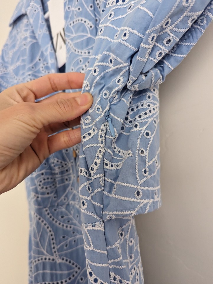 ZARA EMBROIDERED EYELET SHIRT DRESS CUTWORK EMBROIDERY BLUE WHITE XS S ...