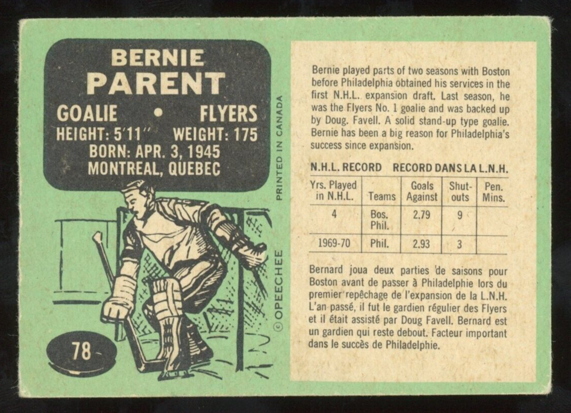 1970-71 OPC O PEE CHEE #78 BERNIE PARENT HOF EX PHILADELPHIA FLYERS ...