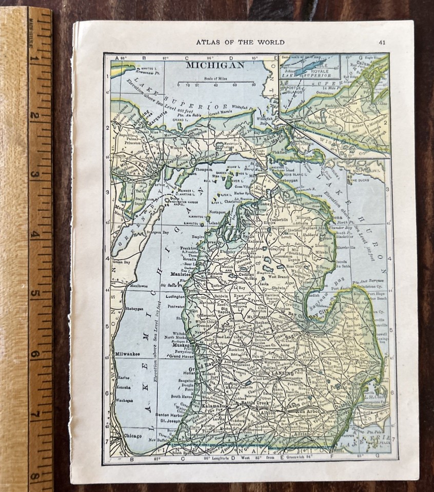 Antique 1910 States Of Wisconsin & Michigan 6x8” Color Atlas Map; C S ...