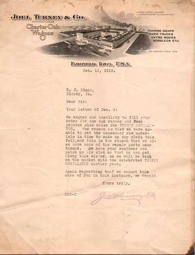 Joel Turney Co Fairfield IA 1919 Letterhead Charter Oak Wagons Farm ...
