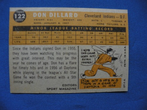 1960 Topps R/C Don Dillard Cleveland Indian card #122 baseball filler ...