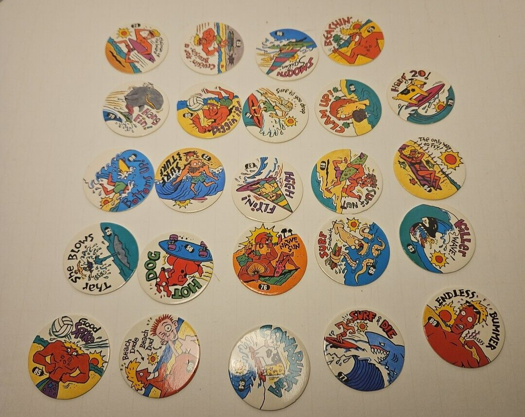 SLAMMER JAMMER 1994 IMPERIAL MILK CAP POGS LOT OF 24 (SURF/BEACH THEMED ...