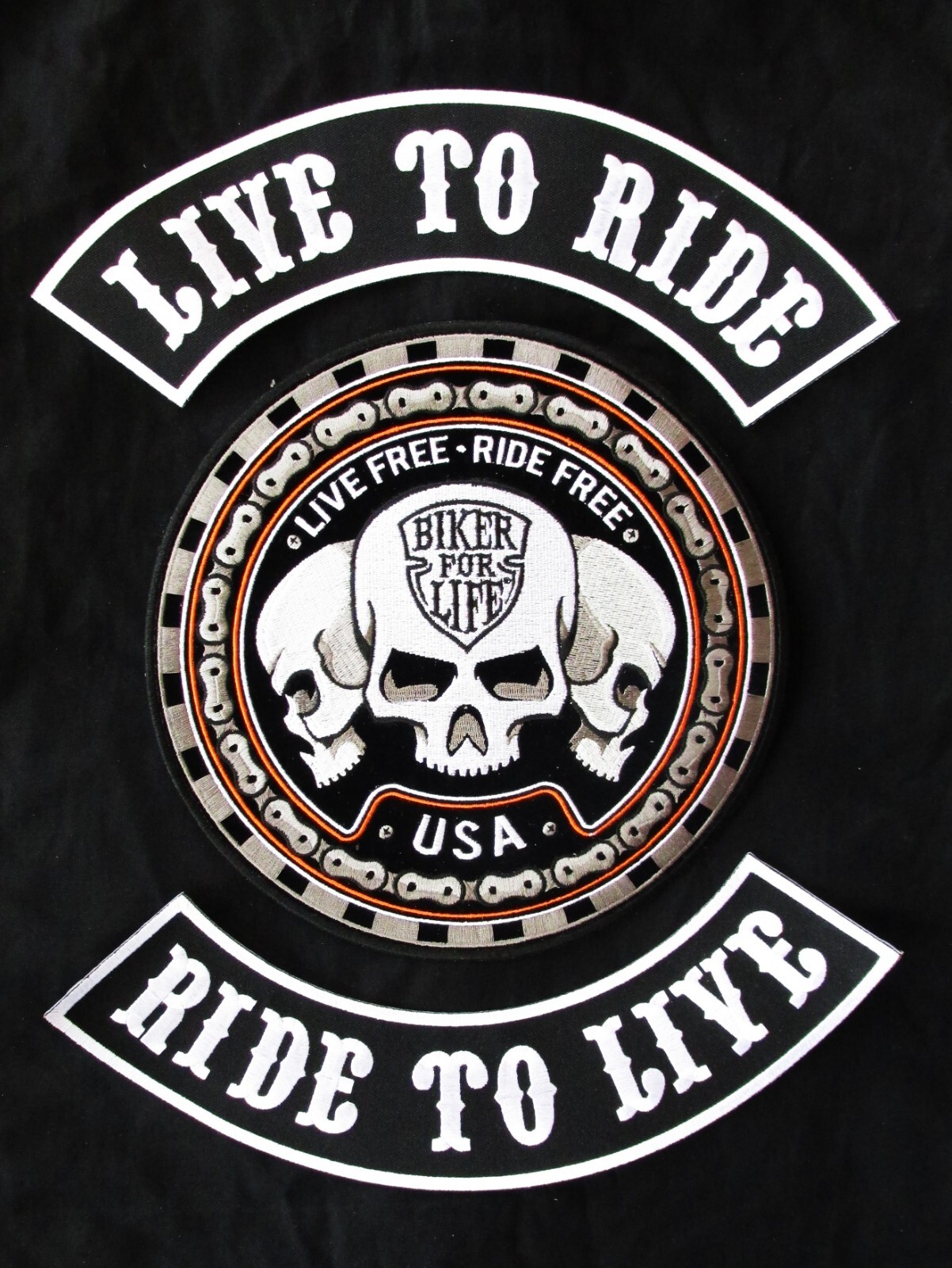 Biker for Life Skulls Live to ride ride to live White Rocker XXL Sew On ...