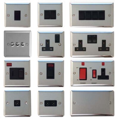 Volex Polished Chrome Light Switches and Electrical Sockets with Black ...