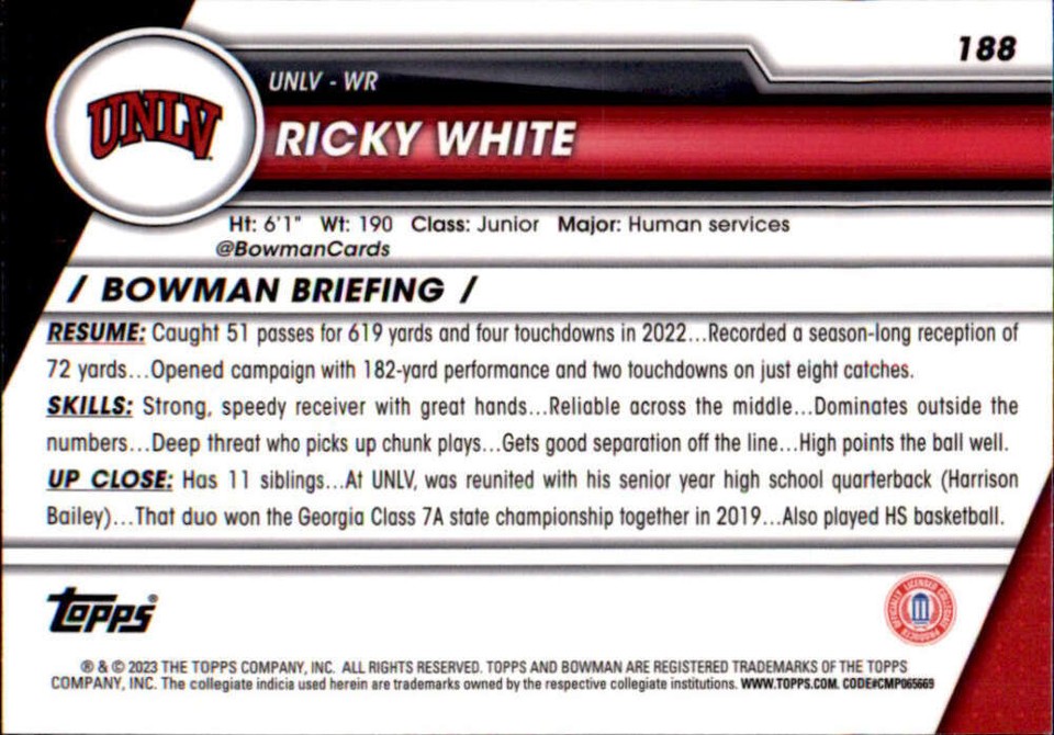 2023 Bowman University Chrome #188 Ricky White UNLV Rebels | eBay