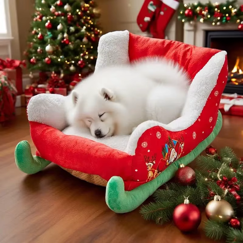 Christmas Sleigh Plush Dog Bed Santa Festive Pet Bed for Dogs & Cats ...