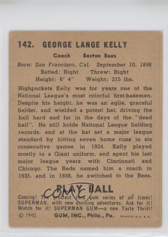 1940 Play Ball George Kelly High Pockets (Superman Ad Back) #142 HOF | eBay