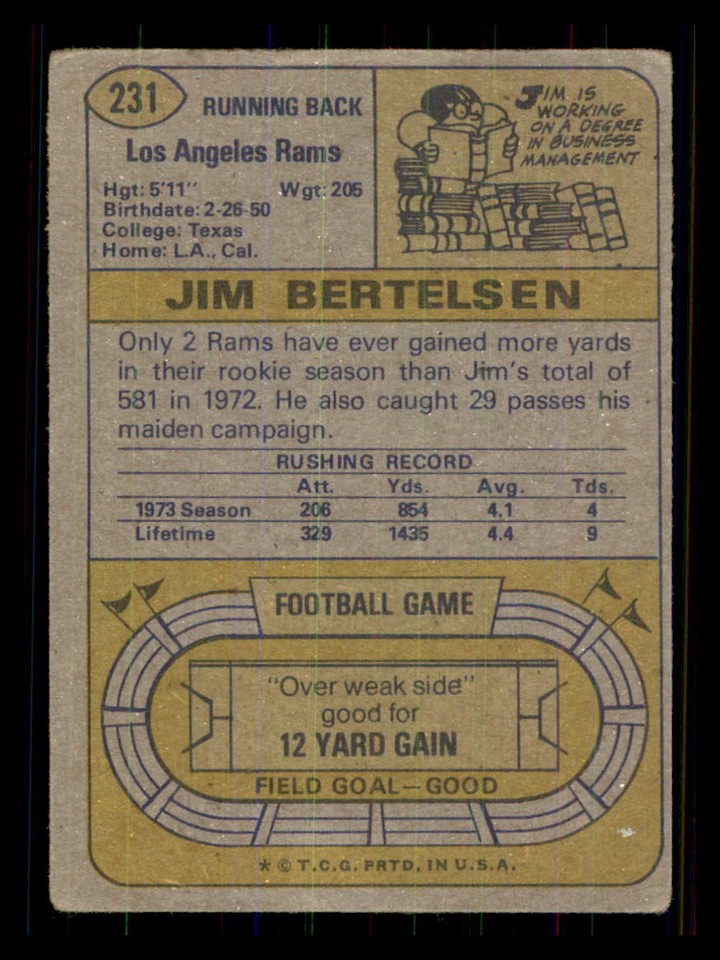 1974 Football Topps Jim Bertelsen Los Angeles Rams #231 RC | eBay
