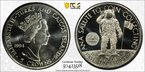 1994 Turks & Caicos 5 Crowns Lunar Landing - ANA Coin Collecting - PCGS ...