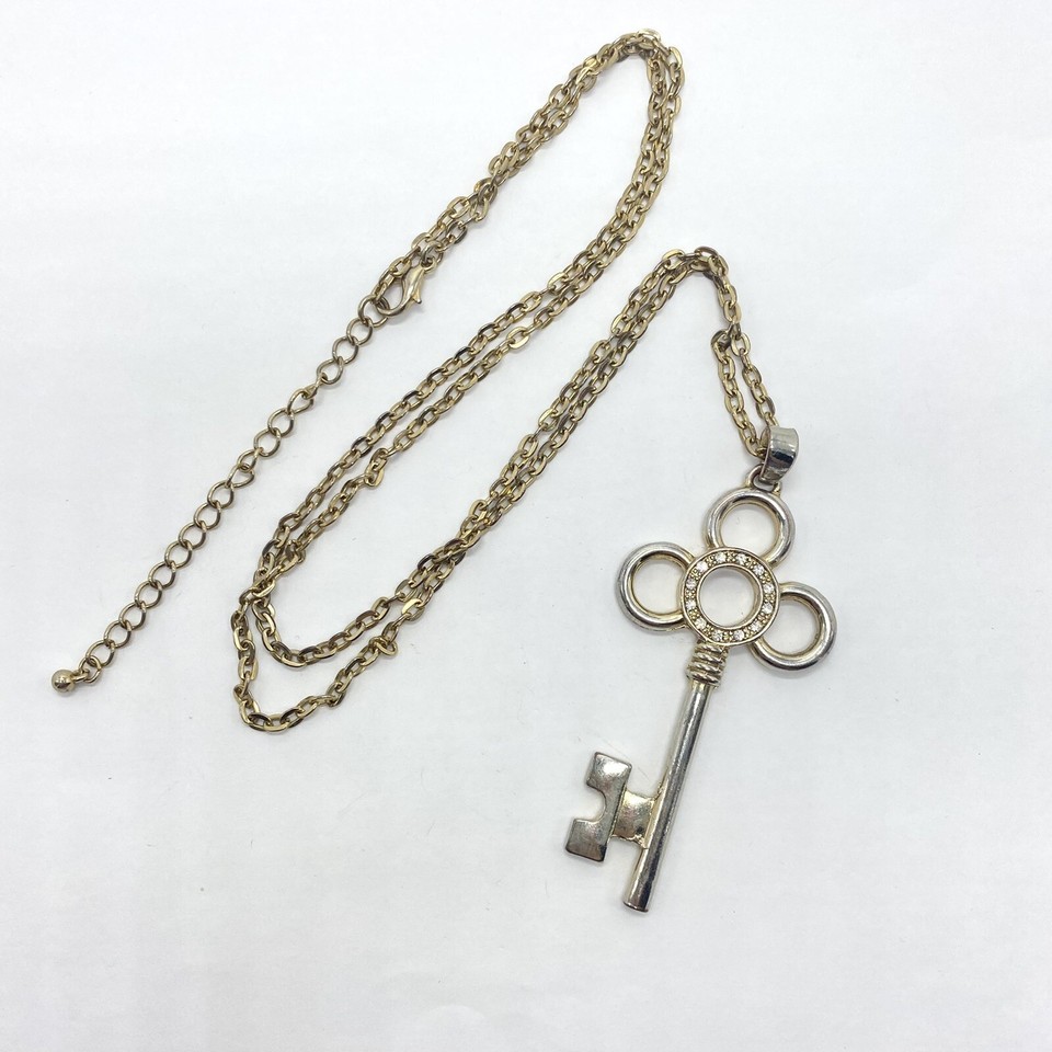 Key pendant with rhinestones gold tone chain necklace 34” skeleton key ...