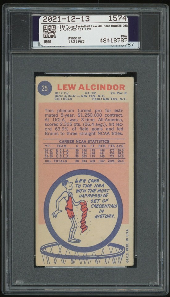 1969 Topps Basketball #25 Lew Alcindor Rookie Signed Auto PSA | eBay