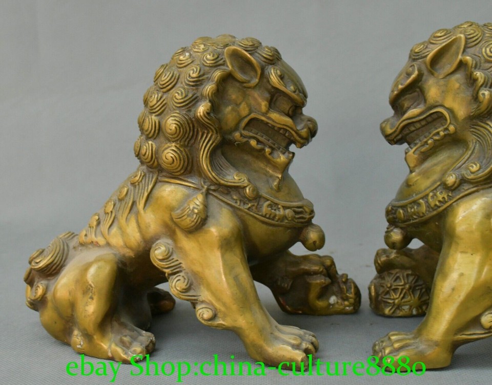 6.2'' Old Chinese Dynasty Brass Copper Foo Fu Dog Guardion Lion Leo ...