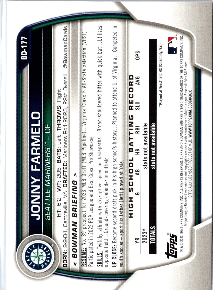 2023 Bowman Draft Jonny Farmelo First 1st Bowman Paper Seattle Mariners ...