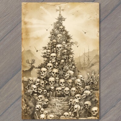 POSTCARD Skull Christmas Tree Skeleton Eerie Scary Old School Guns ...