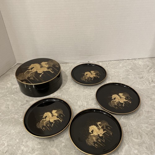 Midcentury 4 Coasters & Case Otagiri Japan Unicorn Gold Black Lacquer ...