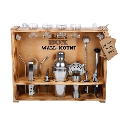 19 Piece Cocktail Shaker Set with Rustic Wood Stand - Bartender Kit ...