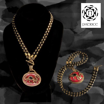 PATRICE Red Jade, Blk. Onyx Beads, Antique Brass, Dragon Oval Pendant ...
