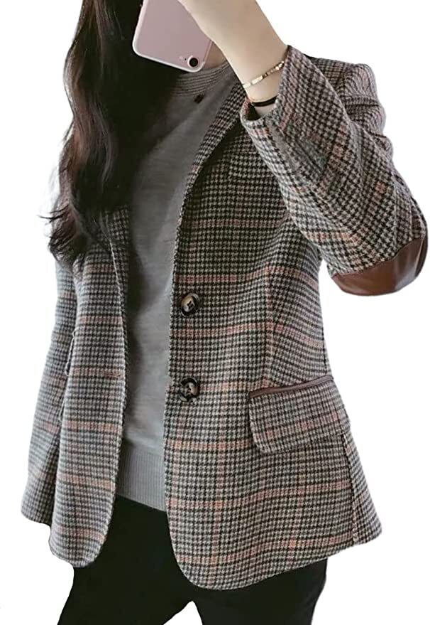 Women's Chic Lapel Collar Plaid 2-Button Faux Wool Blazer Suit Jacket S ...