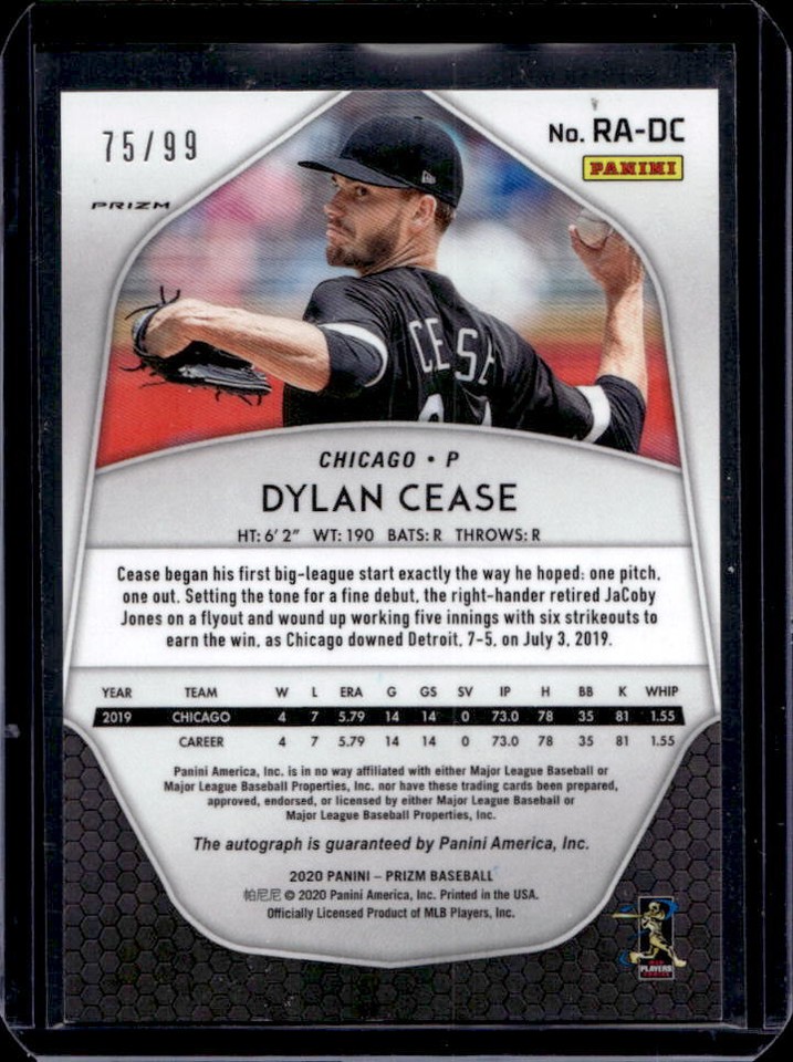 2020 Panini Prizm Dylan Cease Blue Prizm Autograph Rookie Auto RC #75/ ...