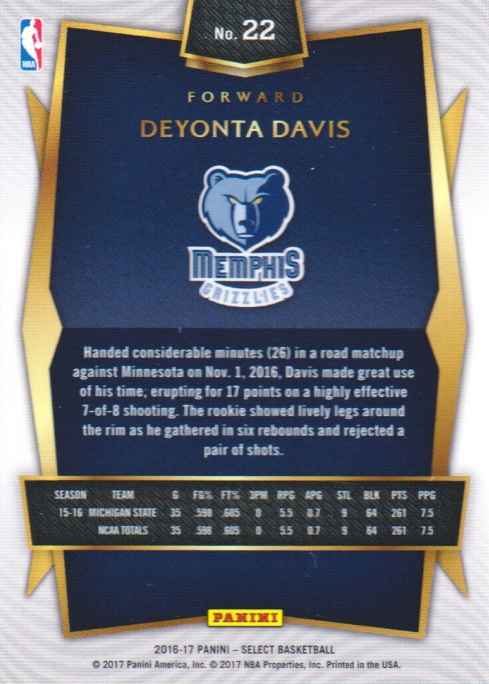 2016-17 Select Basketball #22 Deyonta Davis | eBay