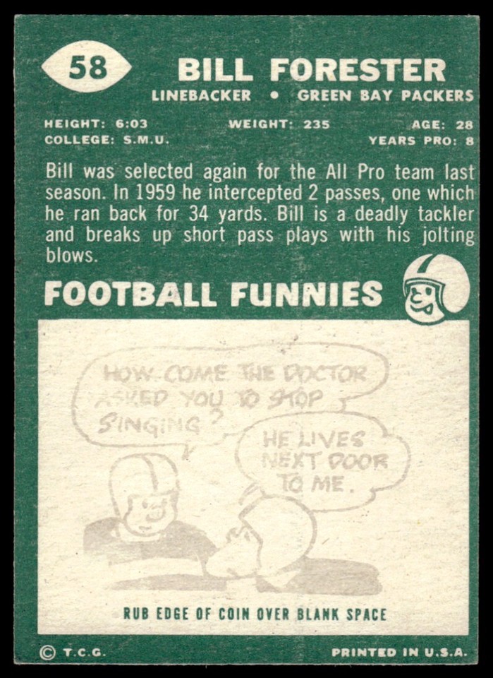 1960 Topps Bill Forester Green Bay Packers #58 | eBay