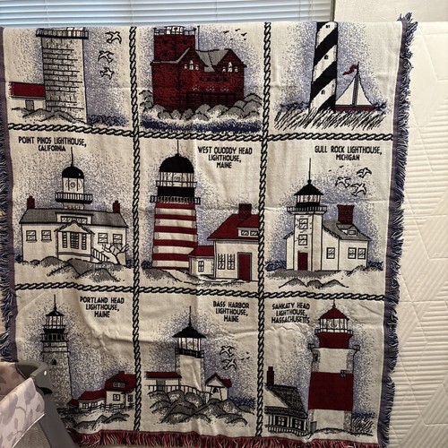 Lighthouses Tapestry Throw Blanket 52x46 Fringed Red White Blue ...