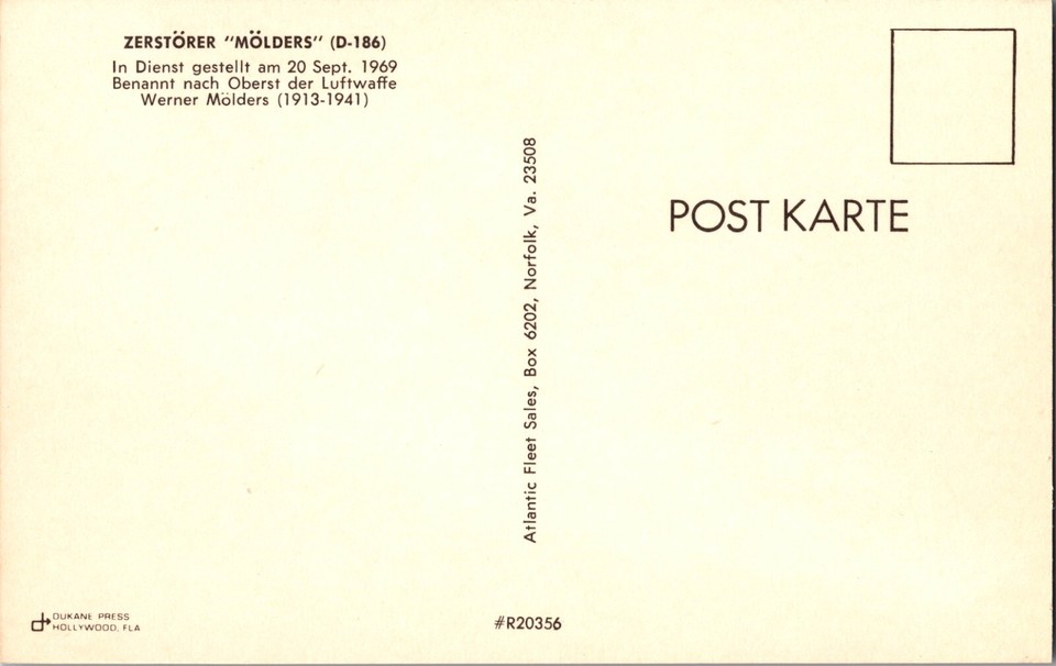 German destroyer Zerstorer Molders D-186 ~ Luftwaffe Vintage Postcard ...