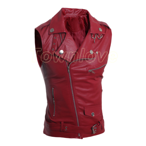 Men's Sleeveless Slim Motorcycle Jacket Casual Faux Leather Biker Vest ...