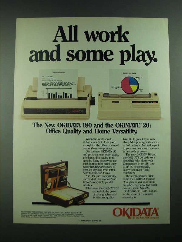 1988 Okidata 180 and Okimate 20 Printers Ad - All Work and Some Play | eBay