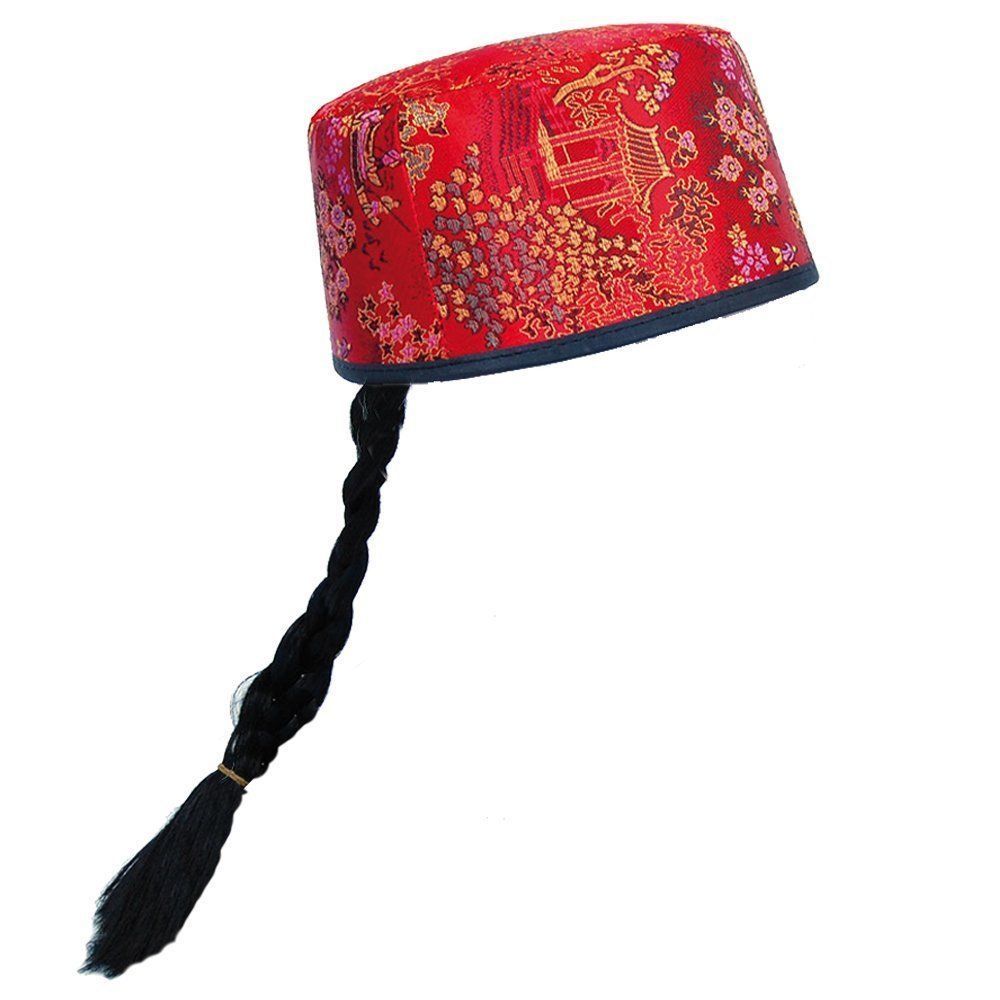 Chinese New Year China Red Fez Hat + Black Plait Oriental Fancy Dress ...