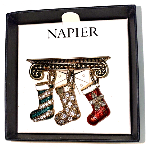 Napier Gold Tone 3 Christmas Hanging Stockings Brooch Pin New in Box | eBay
