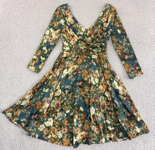 Peruvian Connection Dress Womens XS Green Floral Fit Flare V Neck Long ...