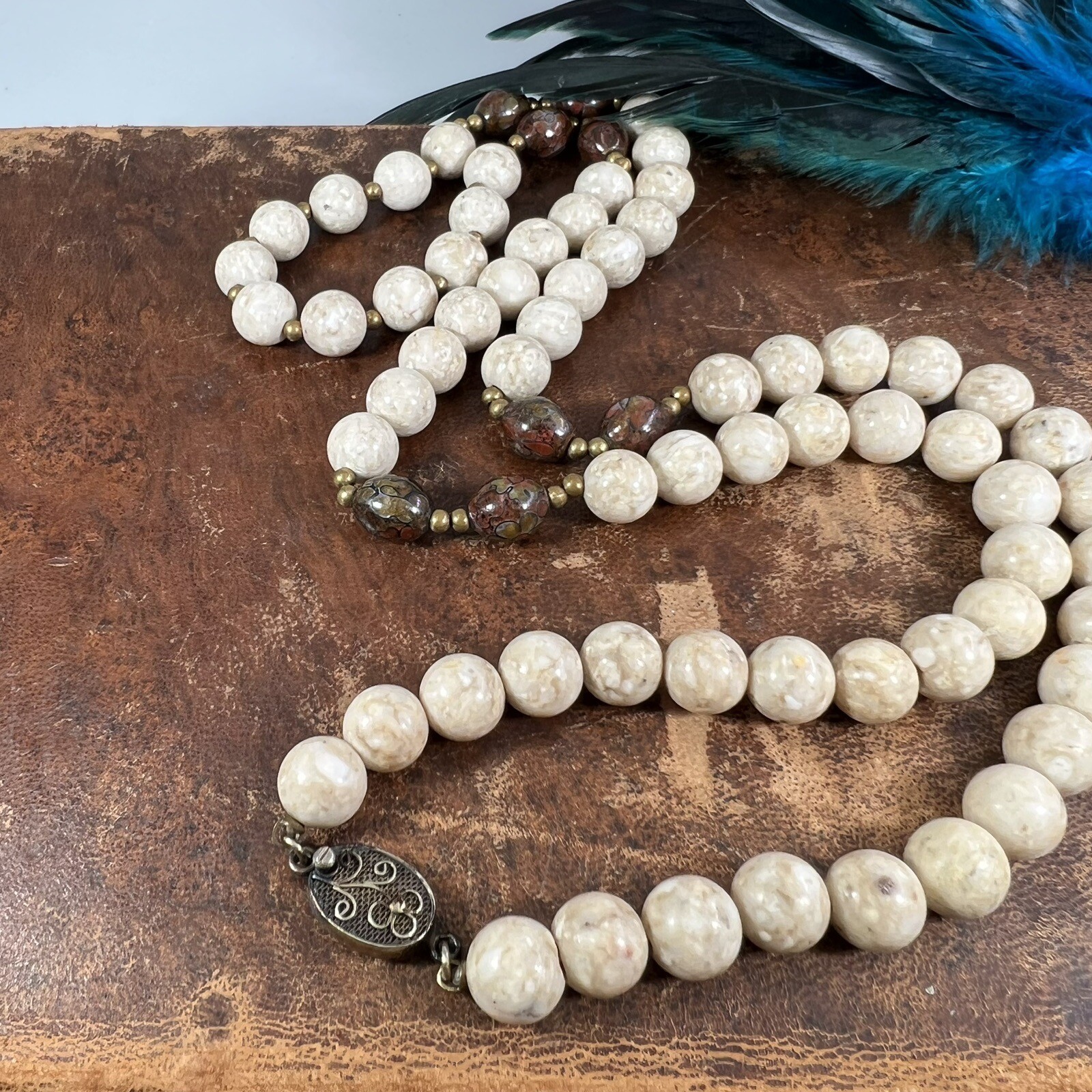 Vintage Chinese Export Jasper Necklace 30” Extra Long - Gem