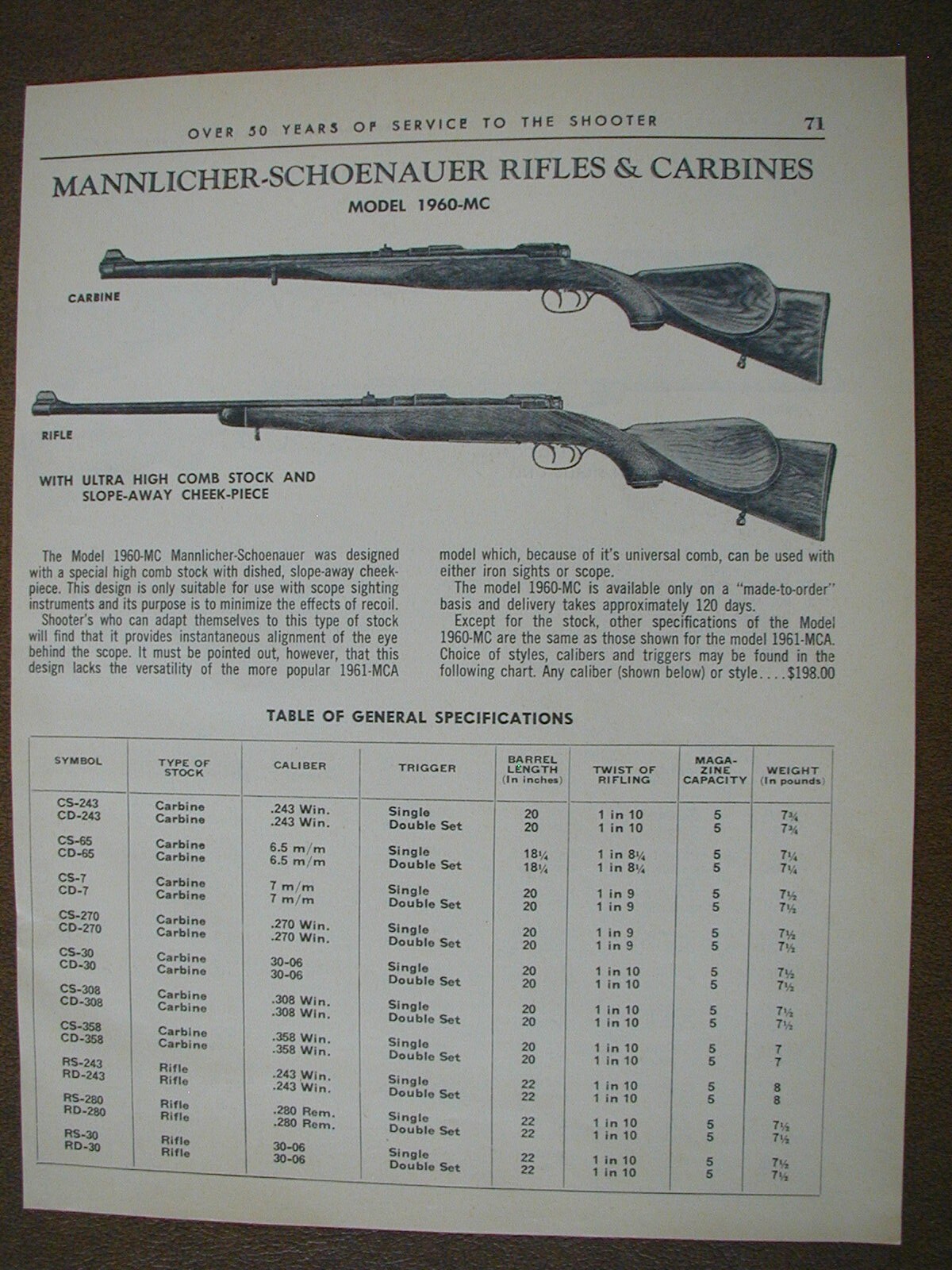 1964 Mannlicher-Schoenauer Rifles & Carbines 1960-MCA 1952-GK PRINT AD ...