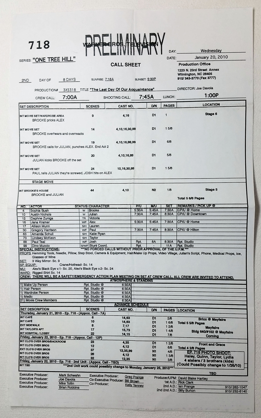 ONE TREE HILL set used CALL SHEET ~ Season 7, Episode 18 | eBay