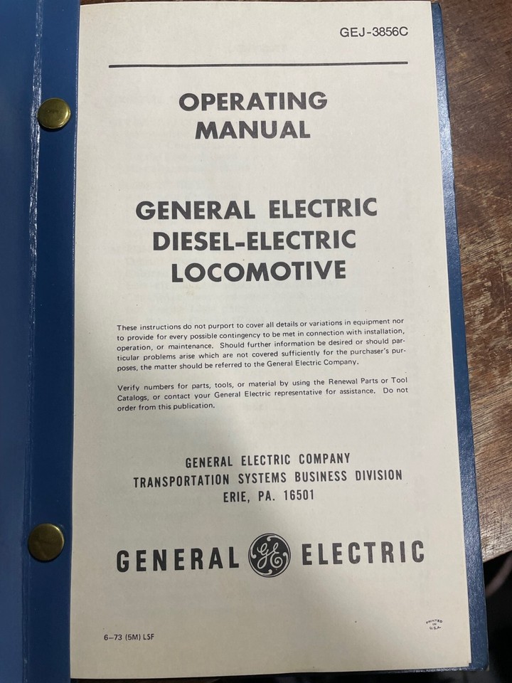 1973 GENERAL ELECTRIC DIESEL LOCOMOTIVE ENGINE MANUAL GEJ-3856C | eBay