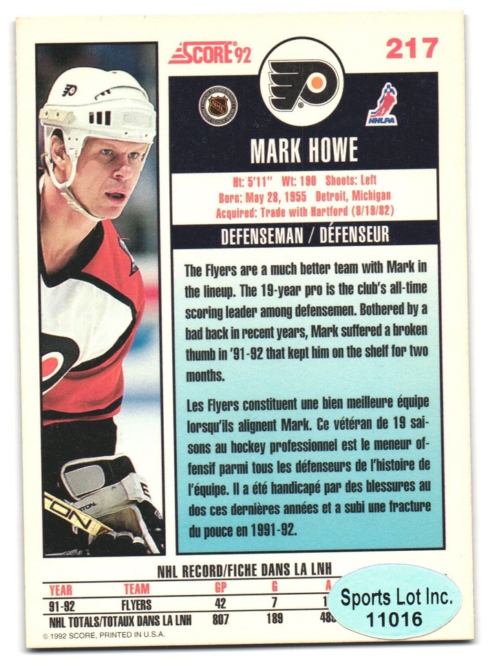 Mark Howe Autographed 1992 Score Canadian Card #217 Philadelphia Flyers ...