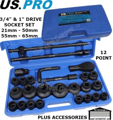 US PRO Tools 27pc 3/4" & 1" dr 12pt Shallow Impact Socket Set, Ratchet ...