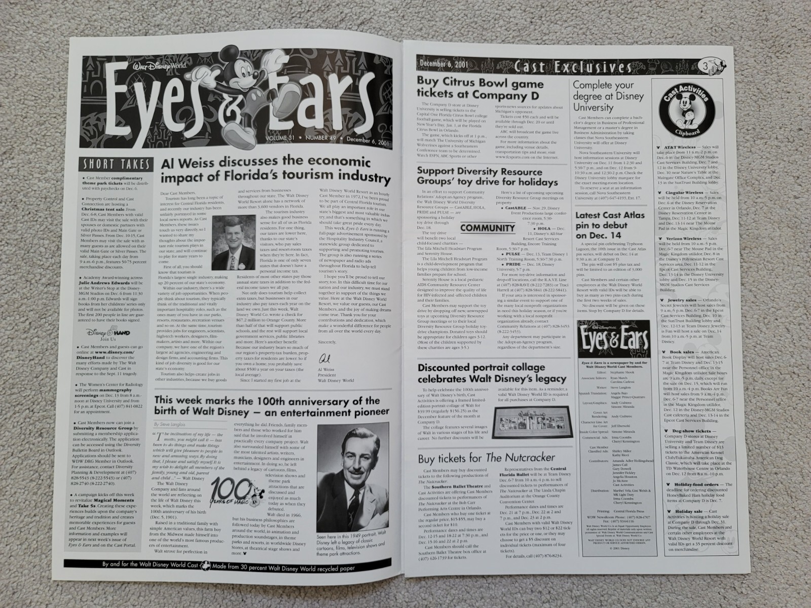 Walt Disney World Eyes And Ears Newspaper Cast Portal 2001 | eBay