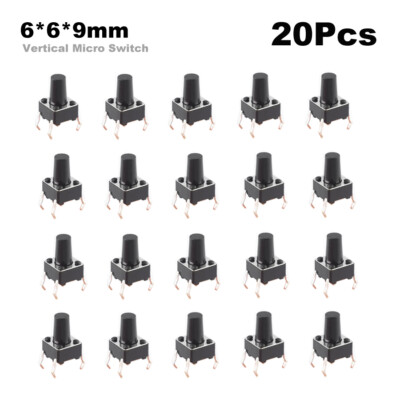 20Pcs Push Button Momentary Vertical Insertion 6X6X9mm 4 Pins Micro ...