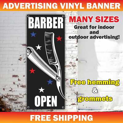 BARBER OPEN Advertising Banner Vinyl Mesh Sign shop beauty salon cut ...