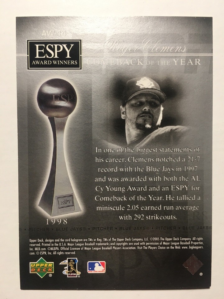 2005 Upper Deck ESPN Roger Clemens #AW-14 ESPY Award Winners | eBay