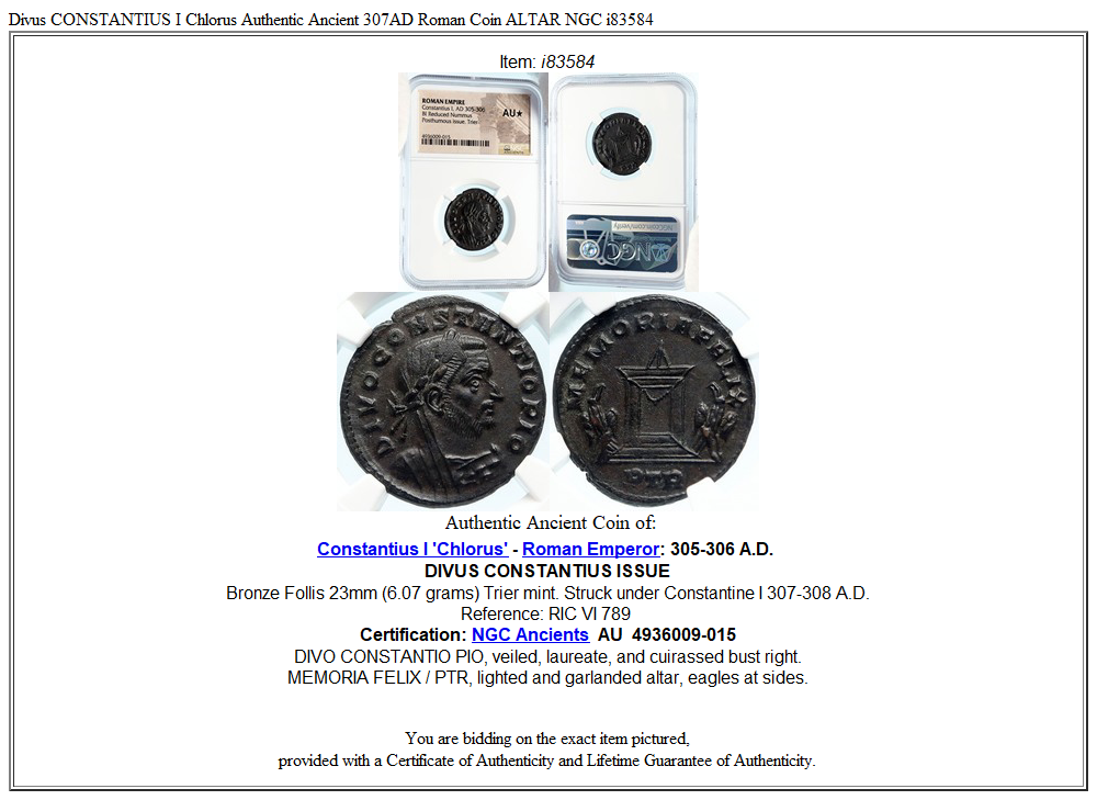 Divus CONSTANTIUS I Chlorus Authentic Ancient 307AD Roman Coin ALTAR ...