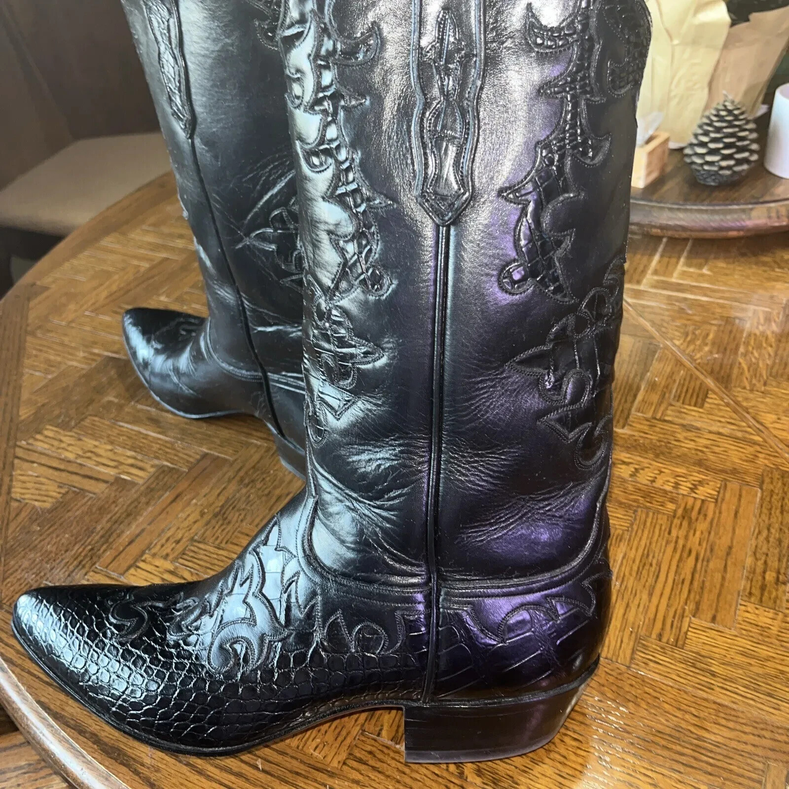 Vintage Ammons Black Belly Gator Custom Inlay & Stich. 12E, Scalloped Top Boots | eBay