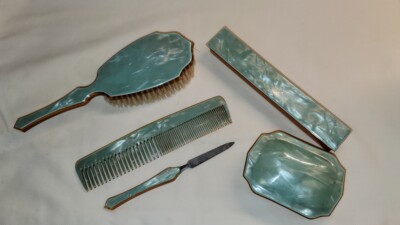 Vintage 5 pc. Pyralin Celluloid Pearlized Green Vanity Dresser Set | eBay