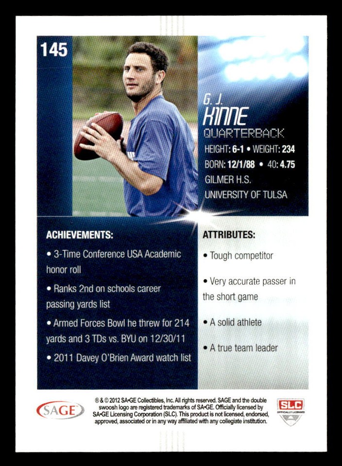 G.J. Kinne 2012 SAGE HIT Card #145 Tulsa Golden Hurricane | eBay