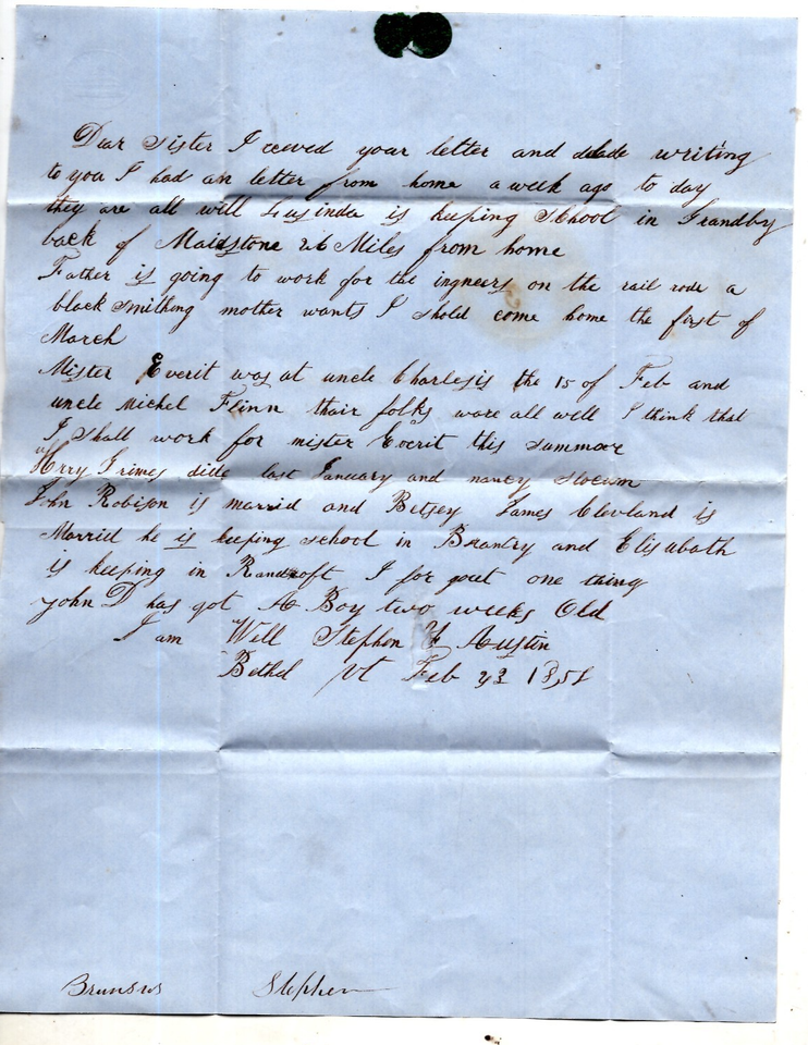 BETHEL VERMONT TO LOWELL MASS., 1851 STAMPLESS, STEPHEN AUSTIN TO ...