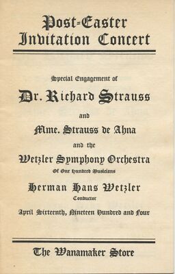 Strauss, Richard. (1864–1949): 1904 NY Wannamaker Store Concert Program ...