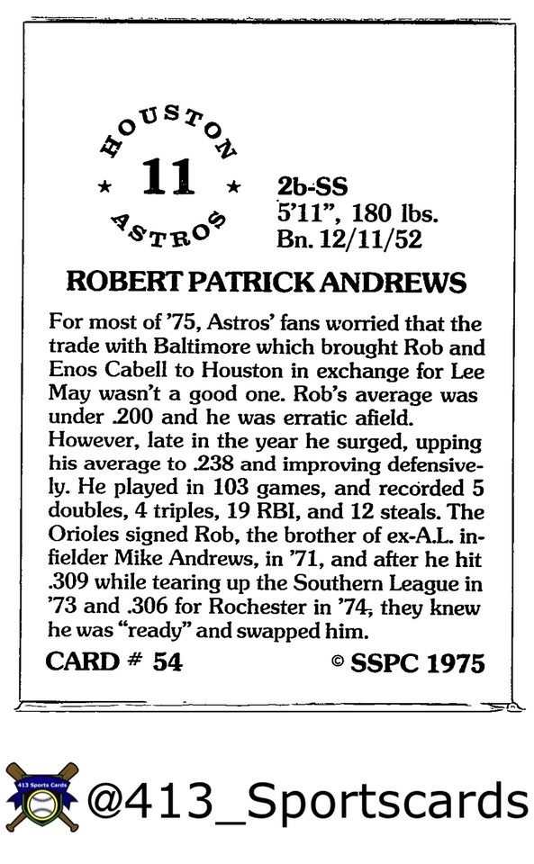 1975 SSPC Rob Andrews Houston Astros #54 | eBay